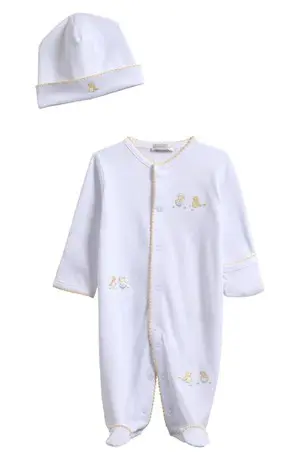 KISSY KISSY Hatchlings Embroidered Pima Cotton Footie & Hat Set - White/silver