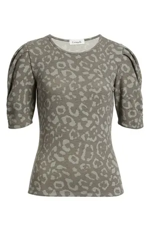 Loveappella Pleated Puff Sleeve Leopard Print Fleece Top