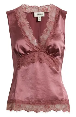 OPEN EDIT Lace Trim Satin Tank - Pink Deco