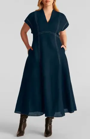 ESTELLE Arden Linen Blend Empire Waist Dress - Blue