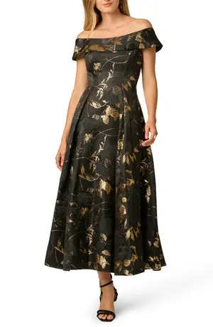 Adrianna Papell Off-the-shoulder Fit & Flare Cocktail Dress - Black/gold