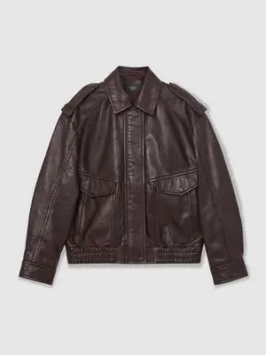 REISS Peyton Oversized Leather Jacket - Aubergine