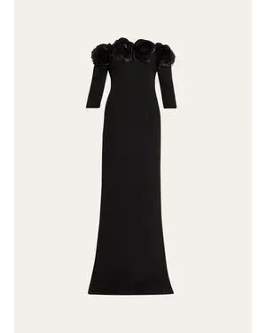Rickie Freeman For Teri Jon Off-shoulder Applique Column Gown - Black