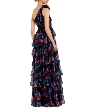 Mac Duggal One Shoulder Printed Chiffon Tiered Ruffle Gown