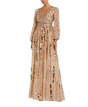 Mac Duggal Embellished Mesh V-neck Gown - Bisque