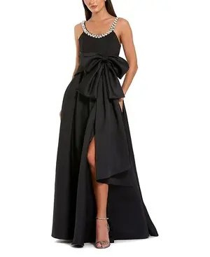 Mac Duggal Satin Gown With Pearl Neckline And Bow Detail - Black