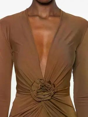ROSERRY Rose-embellished Twist-front Midi Dress - Brown