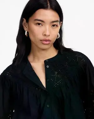 Madewell Embroidered Shirred Henley Top - Jet Black