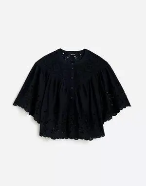Madewell Embroidered Shirred Henley Top - Jet Black