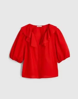 Madewell Ruffled Y-neck Top In Cotton-silk Blend
