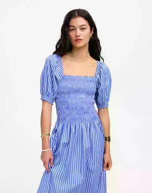 madewell blue stripe dress Button-Front Tiered Midi Dress in Stripe
