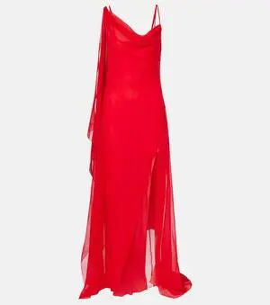 Blumarine Asymmetric Draped Silk Georgette Gown - Red