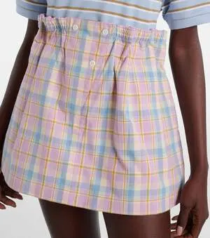 Prada Checked Gathered Cotton Miniskirt