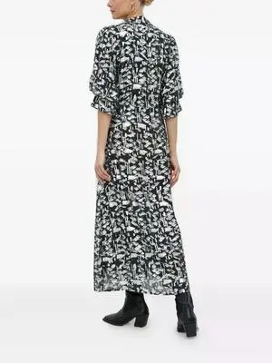 BRUUNS BAZAAR Geometric-print Puff-sleeve Midi Dress - Black