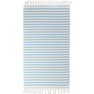 INFUSEZEN Bask Striped Organic Turkish Towel With Soft Terry Cloth Back - Blue