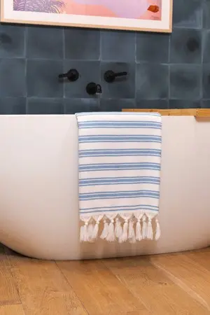 INFUSEZEN Bask Striped Organic Turkish Towel With Soft Terry Cloth Back - Blue