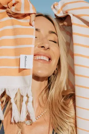 INFUSEZEN Gradient Striped Organic Turkish Towel With Soft Terry Cloth Back - Orange