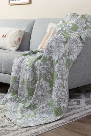INFUSEZEN Garden Flower Organic Cotton Medium Weight Throw Blanket - Olive