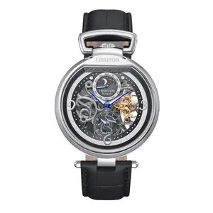 HERITOR AUTOMATIC Lincoln Leather-Band Skeleton Watch With Moon Phase Black