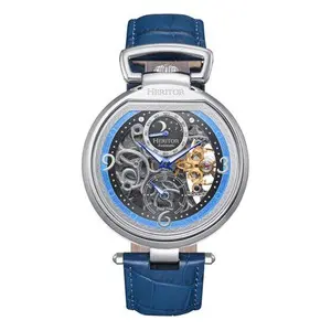HERITOR AUTOMATIC Lincoln Leather-Band Skeleton Watch With Moon Phase Blue