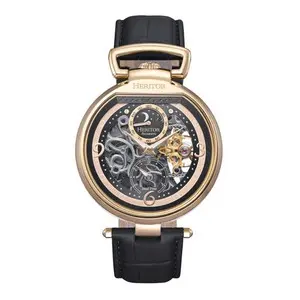 HERITOR AUTOMATIC Lincoln Leather-band Skeleton Watch With Moon Phase - Gold