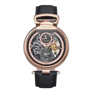 HERITOR AUTOMATIC Lincoln Leather-Band Skeleton Watch With Moon Phase Rose Gold