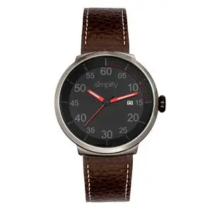 SIMPLIFY Leather-band Watch With Date - Dark Brown/red