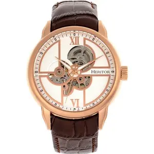 HERITOR AUTOMATIC Sanford Semi-skeleton Leather-band Watch - Rose Gold/brown