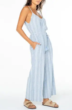 Roxy Gale Stripe Linen Blend Jumpsuit - Riviera
