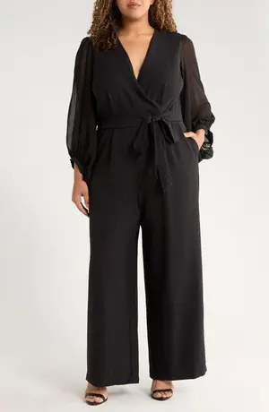 Julia Jordan Wrap Front Sheer Long Sleeve Jumpsuit - Black