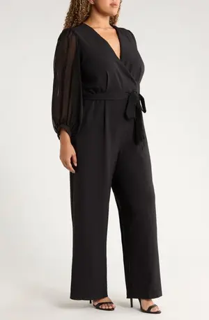 Julia Jordan Wrap Front Sheer Long Sleeve Jumpsuit