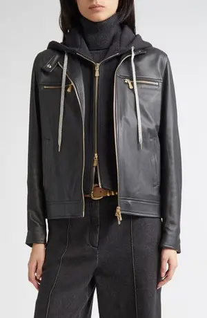 Eleventy Leather Biker Jacket With Removable Hooded Bib