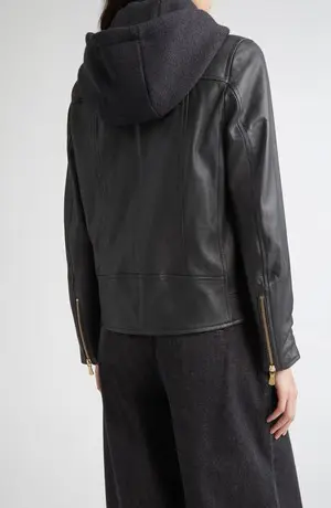 Eleventy Leather Biker Jacket With Removable Hooded Bib