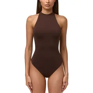 Naked Wardrobe Funnel Neck Racerback Bodysuit - Dark Chocolate