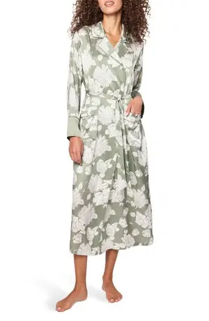 PETITE PLUME Floral Mulberry Silk Robe - Green