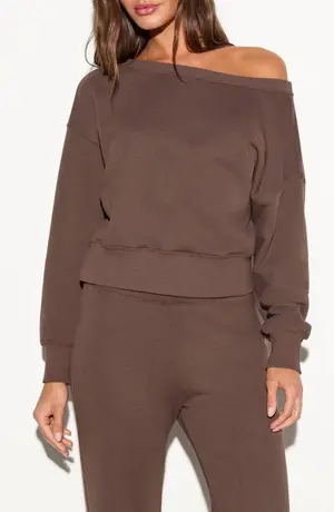Spiritual Gangster La Vida Off The Shoulder Cotton French Terry Sweatshirt - Earth