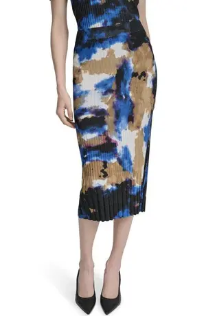 Dkny Printed Ribbed Knit Midi Skirt