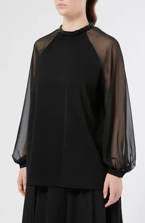 Marina Rinaldi Cambusa Beaded Neckline Sheer Sleeve Cady Top - Black