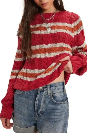 Free People Frankie Stripe Cable Knit Sweater - Red Combo