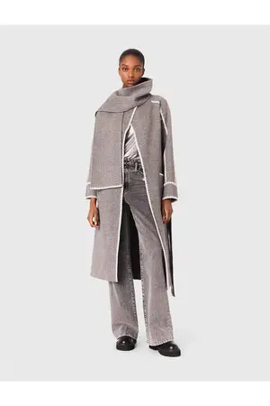 Maje Long Double-faced Coat With Integrated Scarf - White