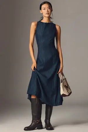 Anthropologie Boat-neck Denim Midi Dress - Blue
