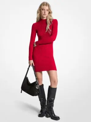 Michael Kors Ribbed Stretch Wool Mock Neck Mini Dress - Red
