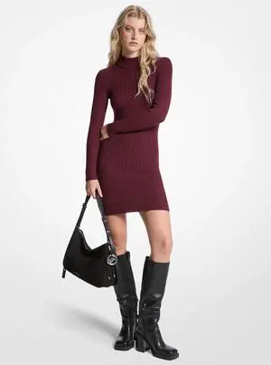 Michael Kors Ribbed Stretch Wool Mock Neck Mini Dress - Red