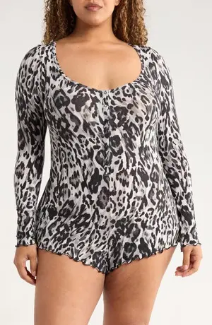 SAVAGE X FENTY Snug Hug Ruffle Sleep Romper - Silver Grey Leopard