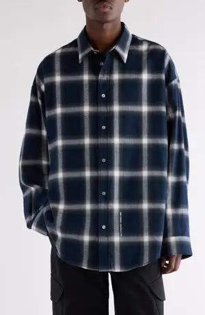 Acne Studios Setar Shadow Check Long Sleeve Flannel Button-up Shirt - Navy Multi