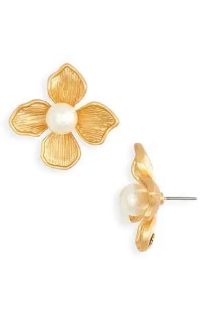 KENNETH JAY LANE Faux Pearl Flower Drop Earrings - Gold