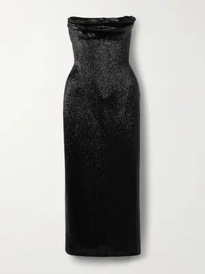 WIEDERHOEFT Ivy Draped Strapless Beaded Tulle Midi Dress - Black