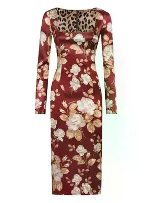 Dolce & Gabbana Square Neck Rose Print Midi Dress