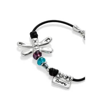 UNODE50 Sterling -plated Dragonfly Charm Leather Bracelet