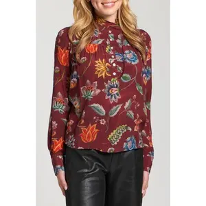 APNY Ruffle Half-placket Shirt - Wine Multi